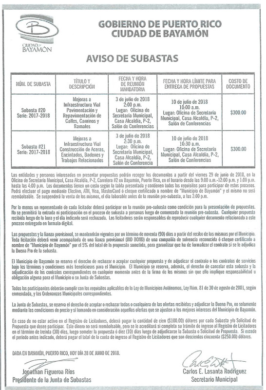 ANUNCIO SUBASTAS 20 & 21-2017-2018 – Ciudad de Bayamón