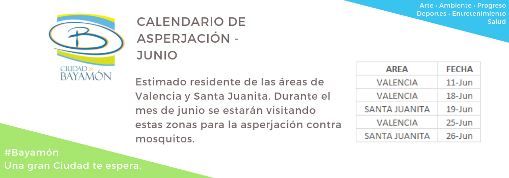Claendario de asperjacion para Junio 2019 – Ciudad de Bayamón