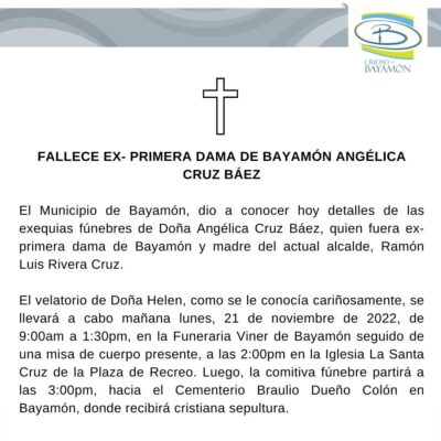 Fallece Ex-Primera Dama de Bayamón Angélica Cruz Báez – Ciudad de Bayamón